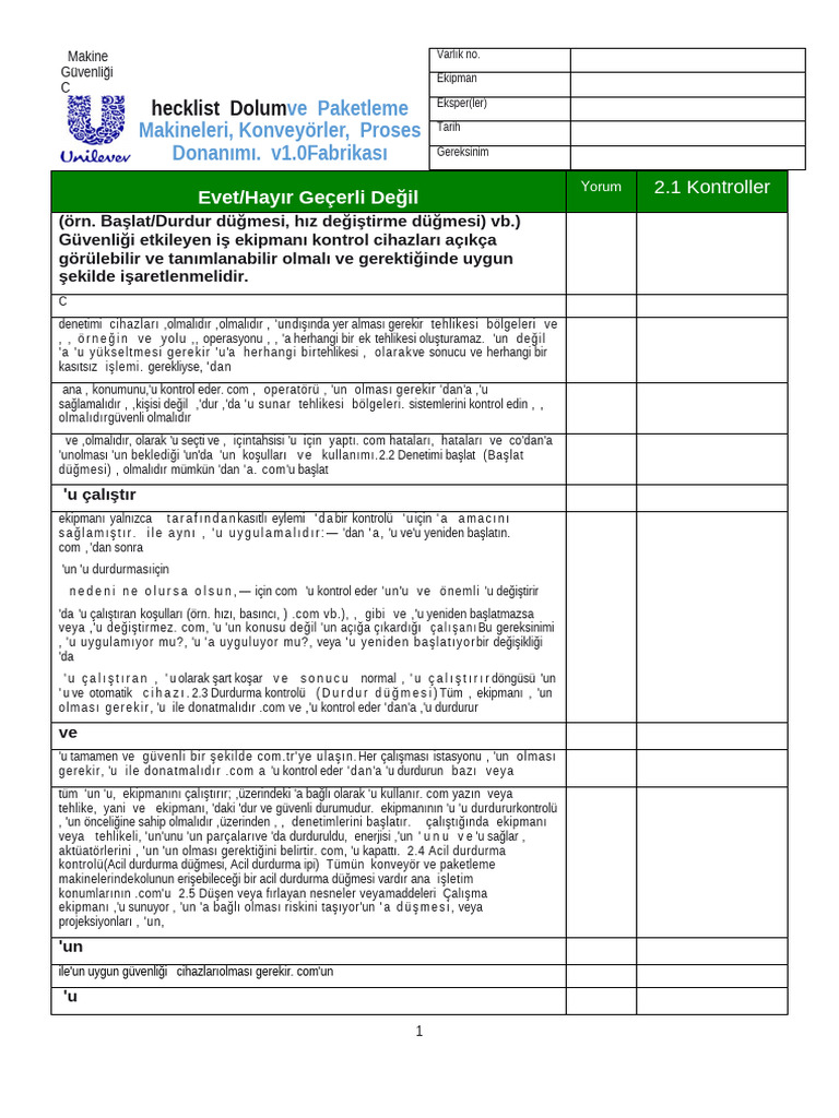 Machinery Safety Checklist Unilever-Tr | PDF