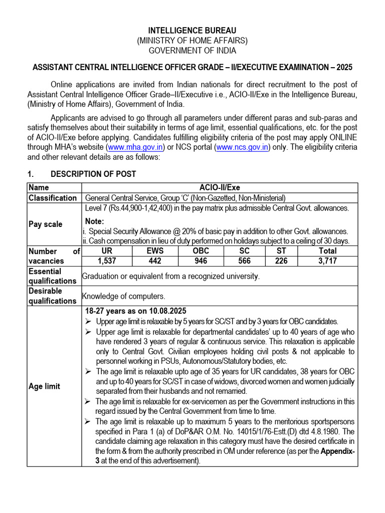 Intelligence Bureau IB Executive Recruitment 2025 | PDF
