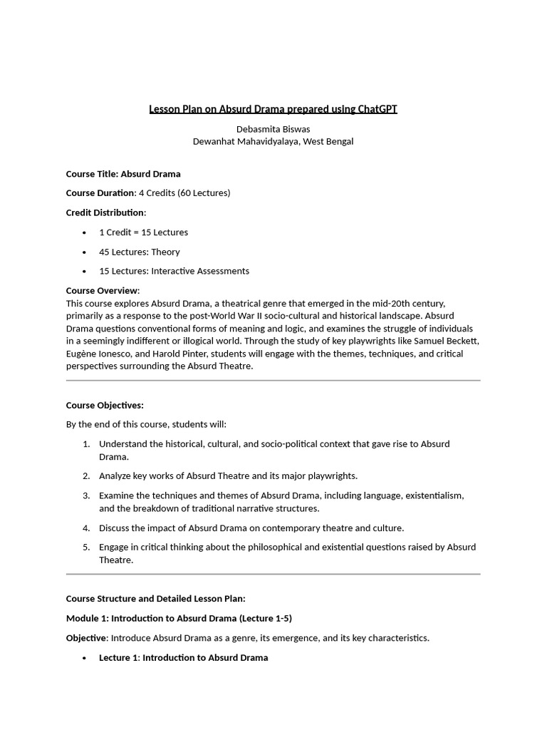 Absurd Drama Course Lesson Plan | PDF