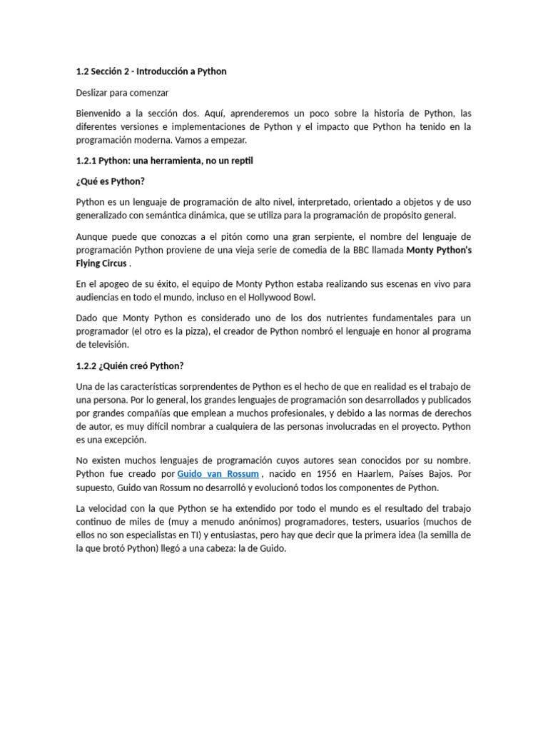 Introducción a Python: Historia y Usos | PDF | Python (lenguaje de ...
