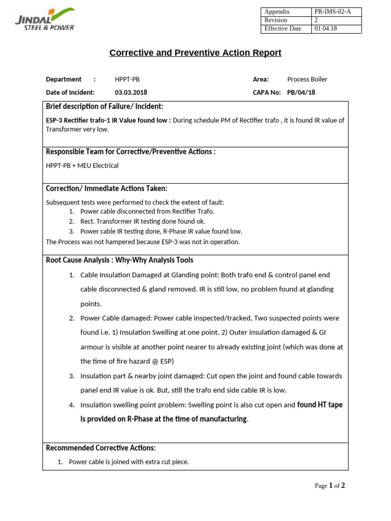 CAPA 4 - ESP-3 Rectifier Trafo-1 IR Value Found Low | PDF | Transformer ...