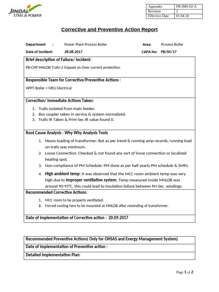 Corrective Action Report: Power Plant Incident | PDF | Transformer ...