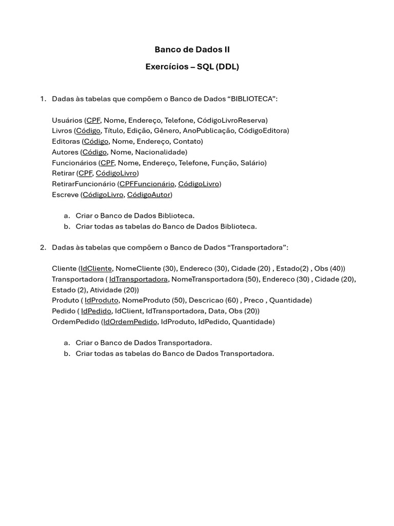 BDII - Lista Exercícios DDL | PDF