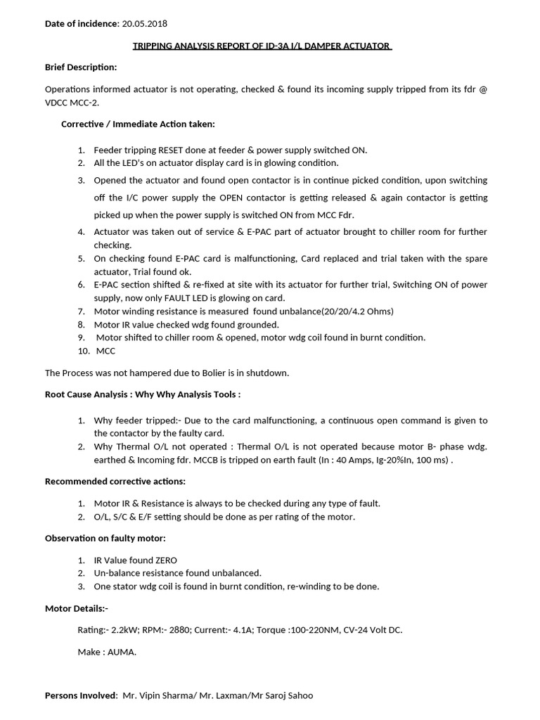 CAPA-8, Tripping Analysis Report of Actuator For ID Fan-3A Inlet Damper ...