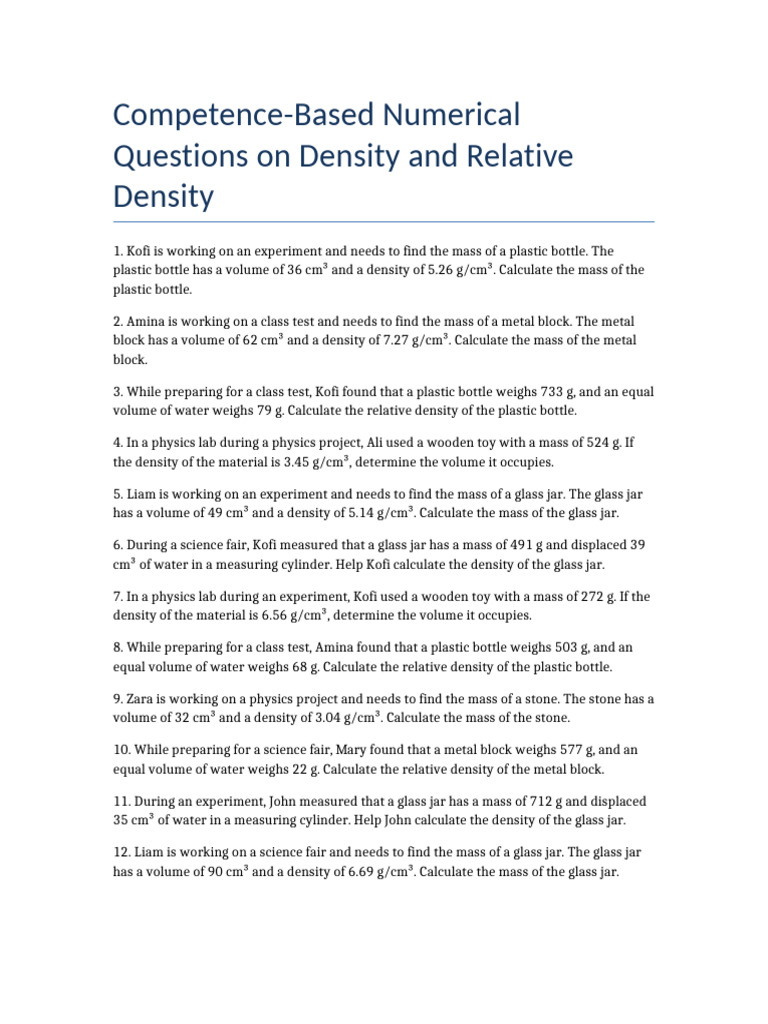 Competence Based Density Questions | PDF | Density | Volume