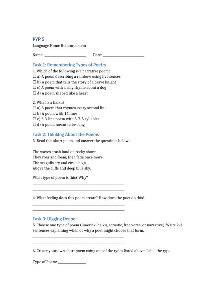Types of Poetry Grade5 Worksheet | PDF