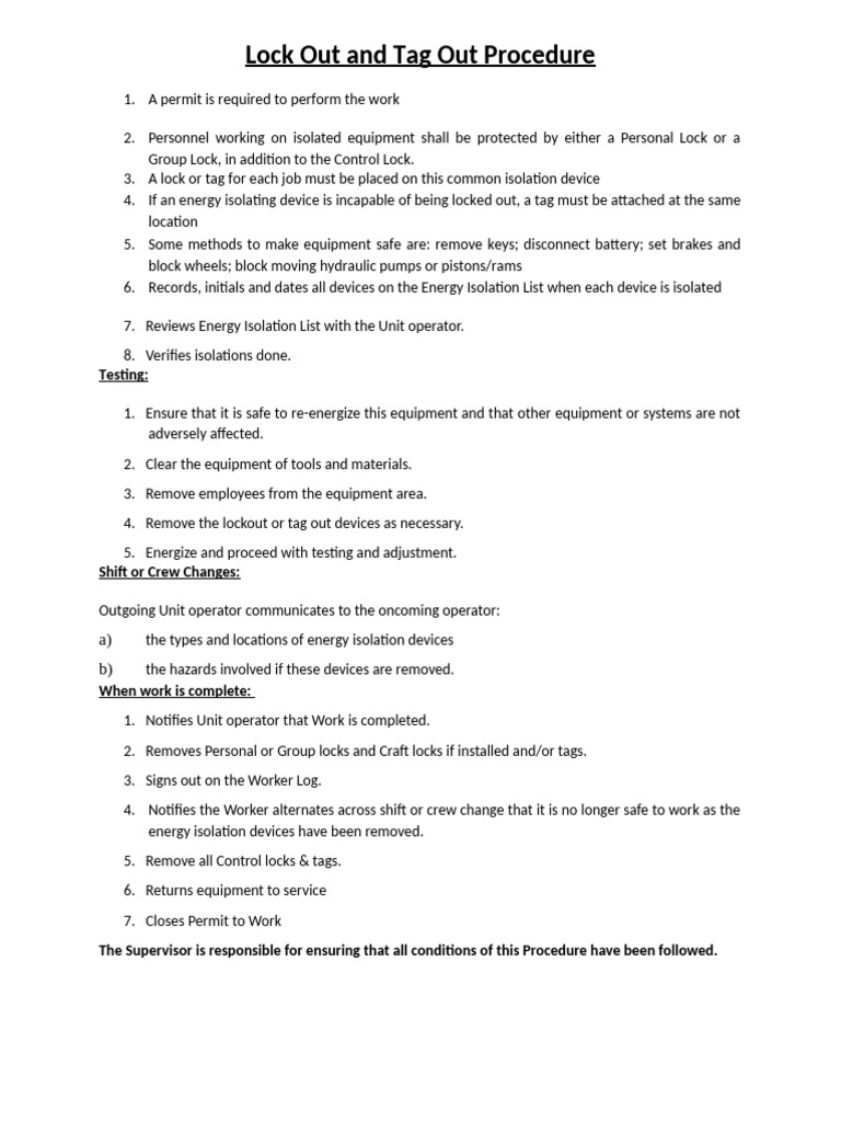 Lock Out and Tag Out Procedure | PDF