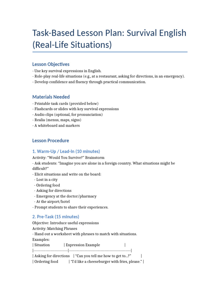 Survival English Lesson Plan | PDF | Learning | Human Communication