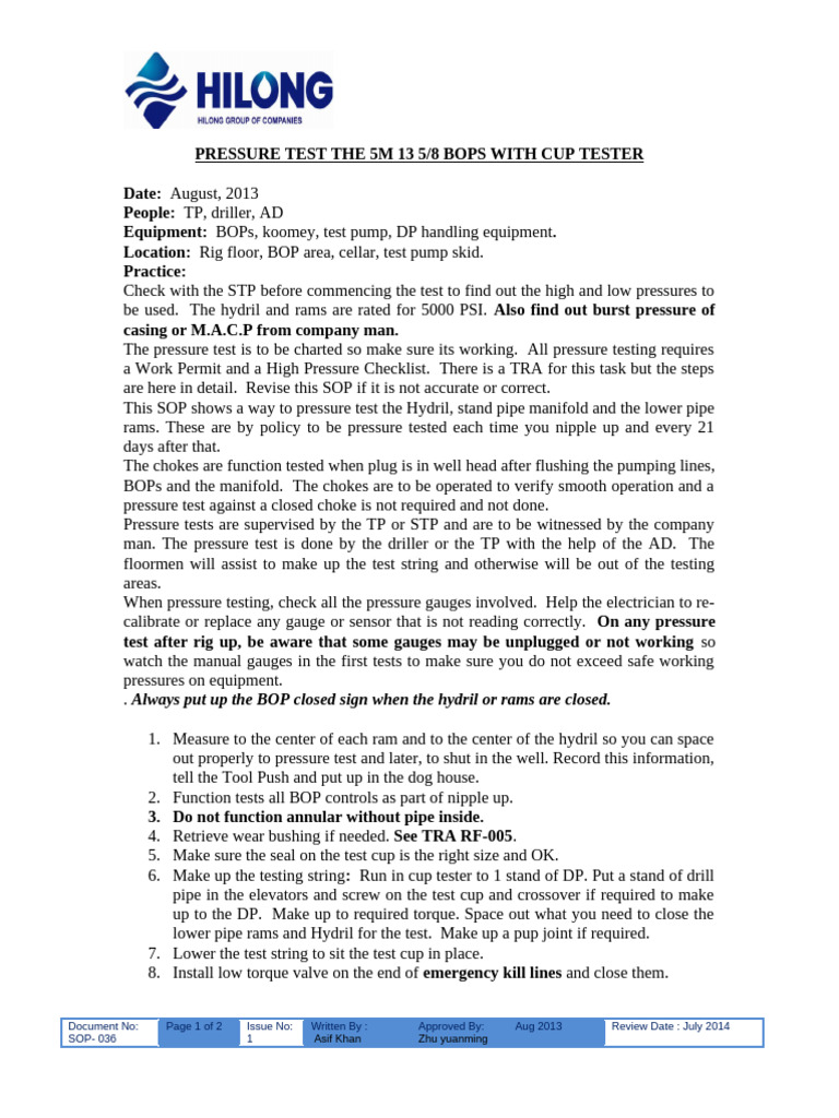 SOP 812-036 Pressure Test The BOPs With Cup Tester. | PDF | Hydraulics ...