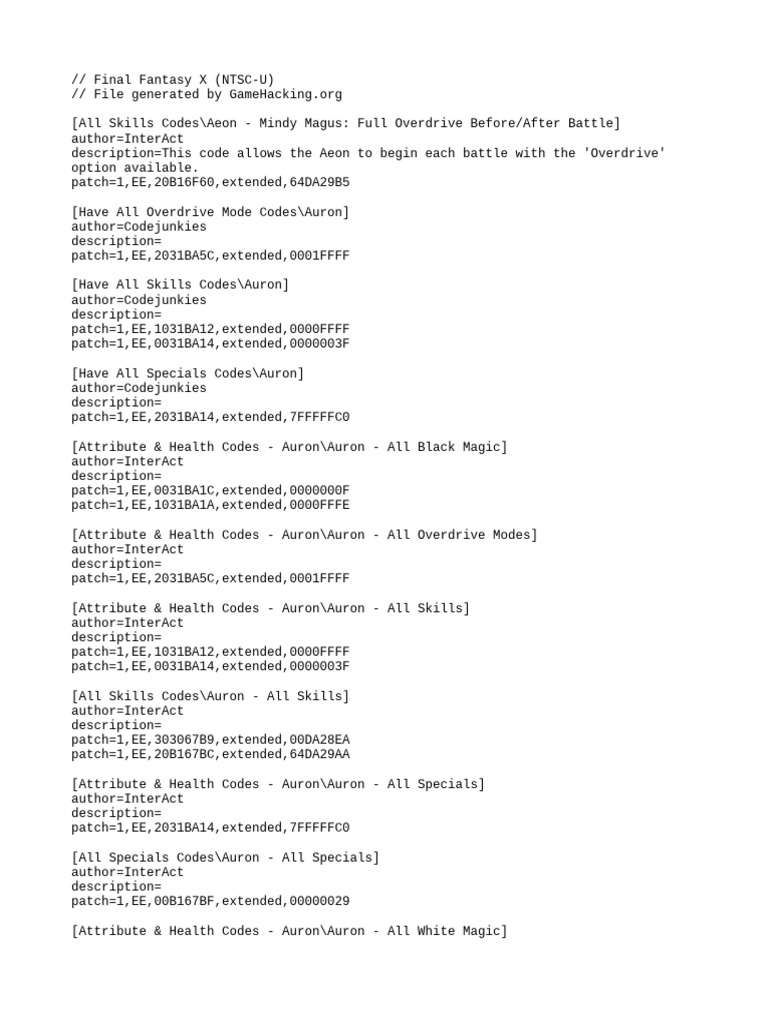 Final Fantasy X Cheat Codes Guide | PDF | Final Fantasy | Video Games