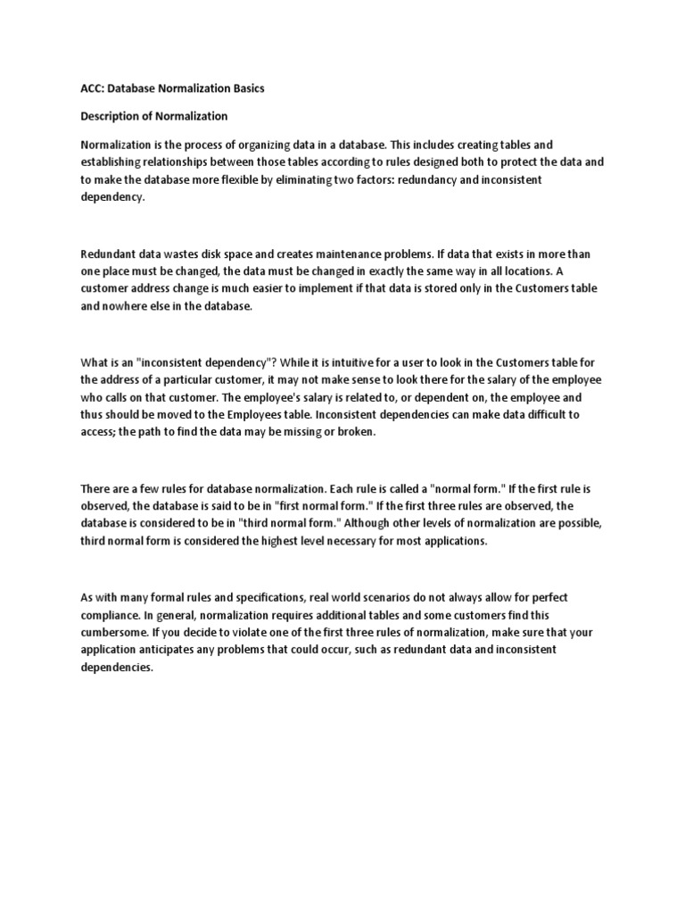 ACC: Database Normalization Basics Description of Normalization | Download Free PDF | Databases ...