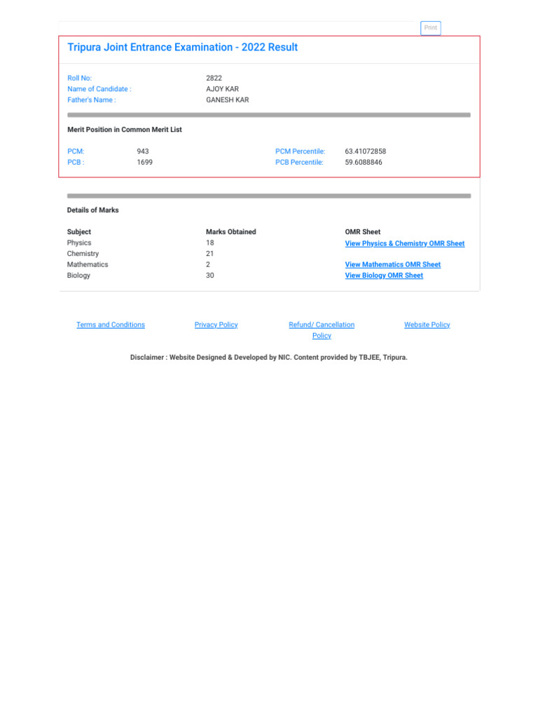 TBJEE - View Result Details | PDF