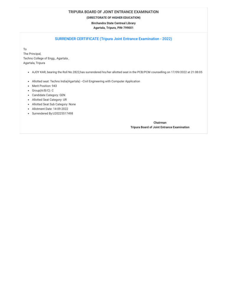 TBJEE - Surrender Certificate | PDF