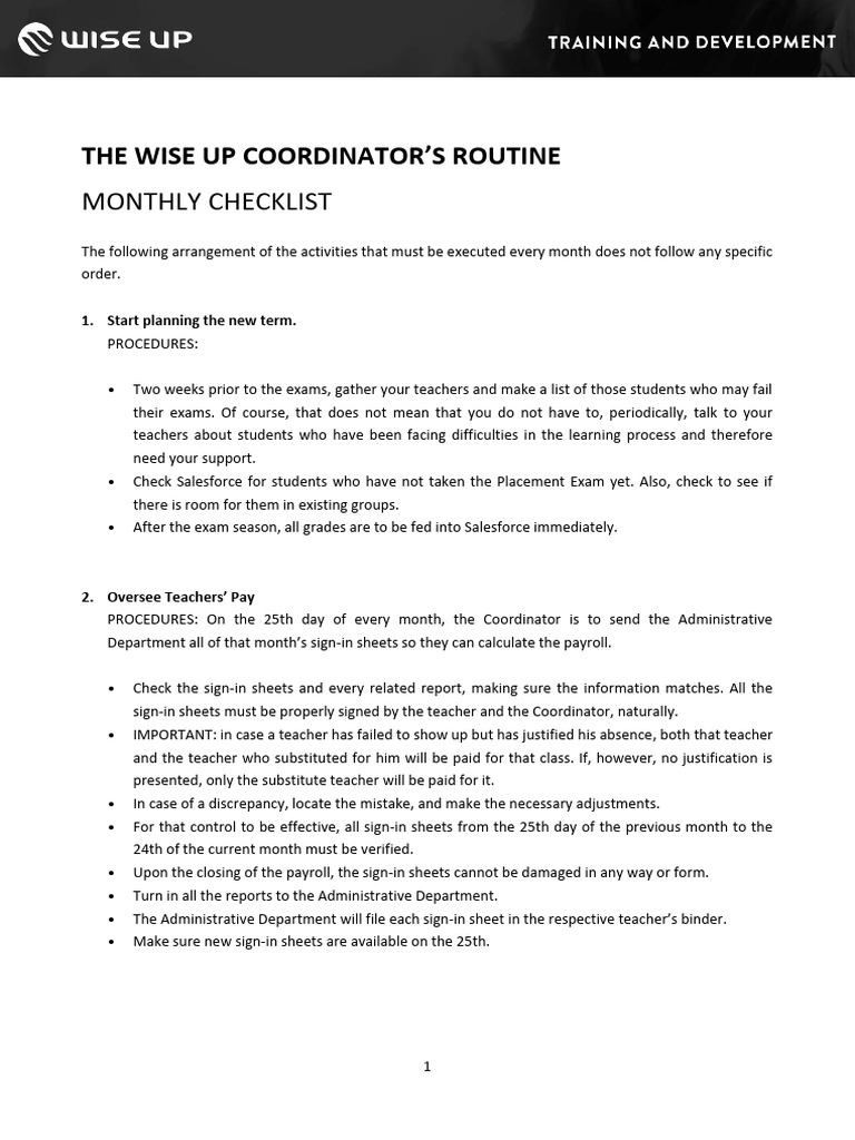 The Coordinator - S Routine (Monthly Checklist) | PDF