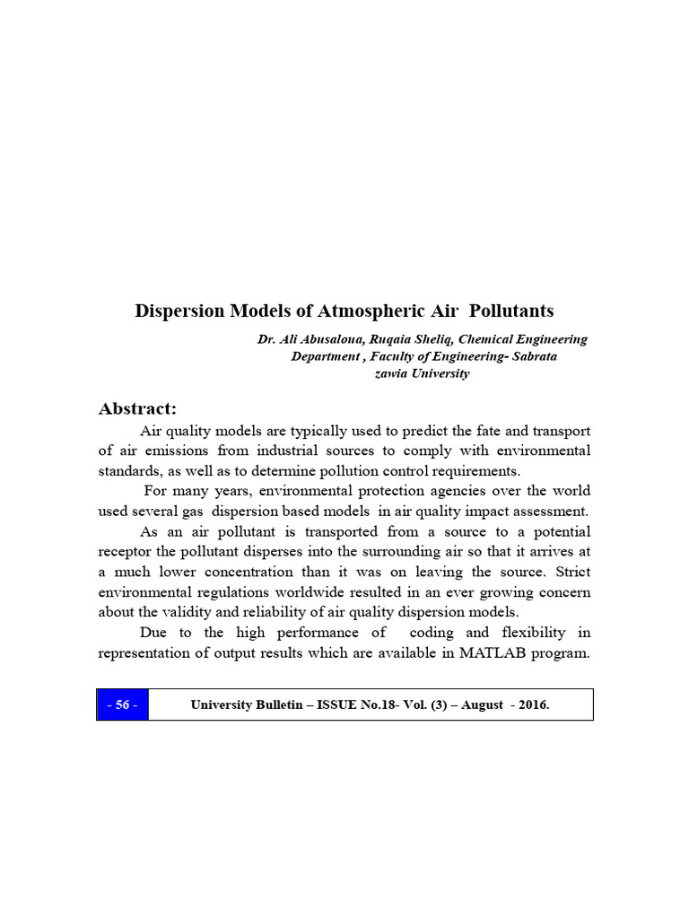 Dispersion Models of Atmospheric Air Pollutants: Abstract | PDF | Wound ...
