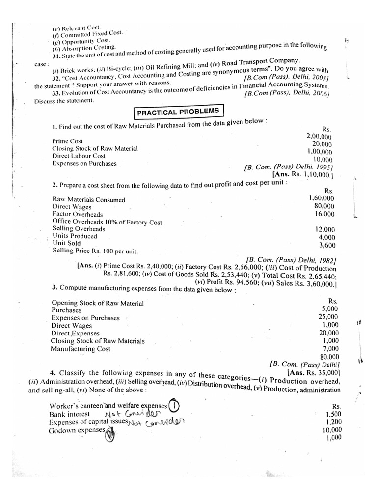 Cost Sheet Practice Question | PDF
