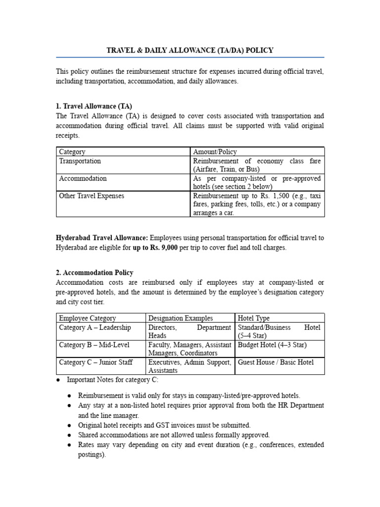 Travel Allowance Policy Denning Hrpolices 10 2 | PDF | Reimbursement