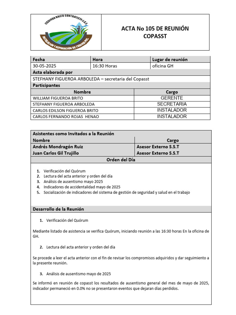 Acta Reunión COPASST Mayo 2025 | PDF
