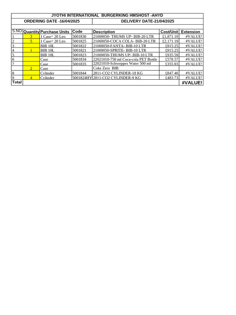 JYOTHI INTERNATIONAL Beverage Order Details | PDF