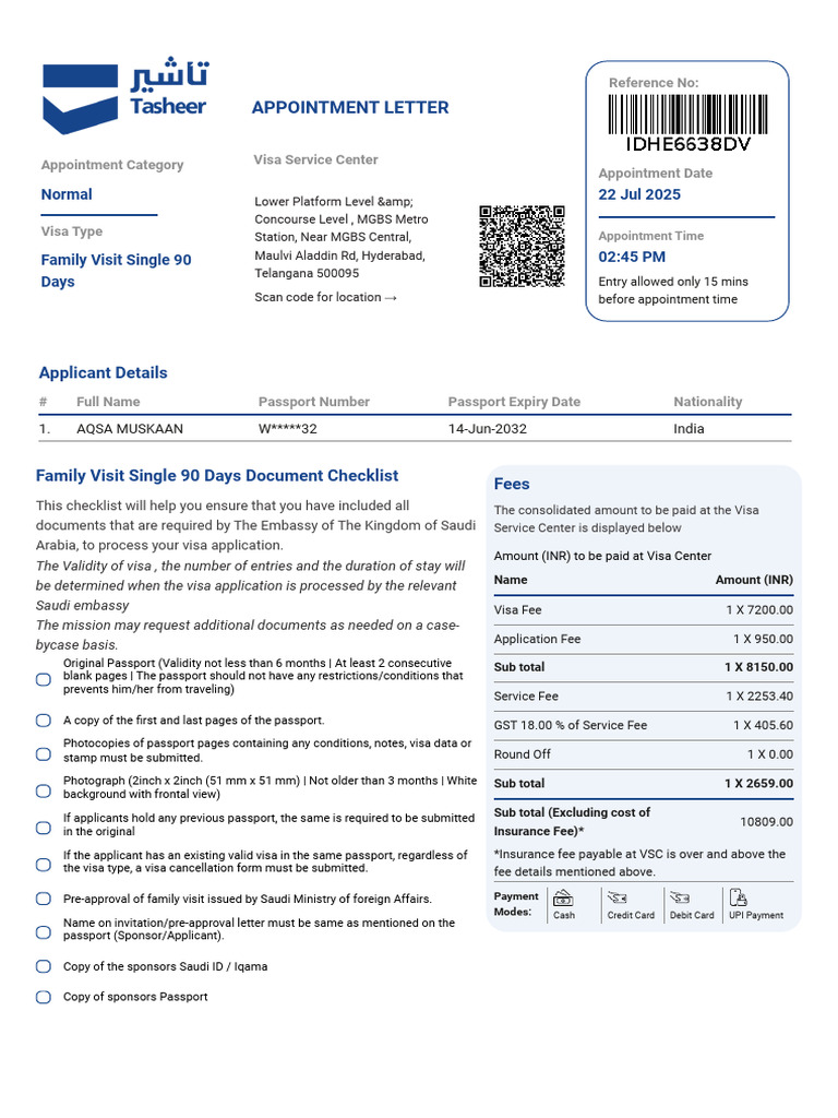Tasheer Visa Appointment Details | PDF | Travel Visa | Passport