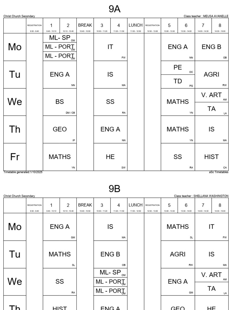 Christ Church Secondary Timetable 2025 | PDF