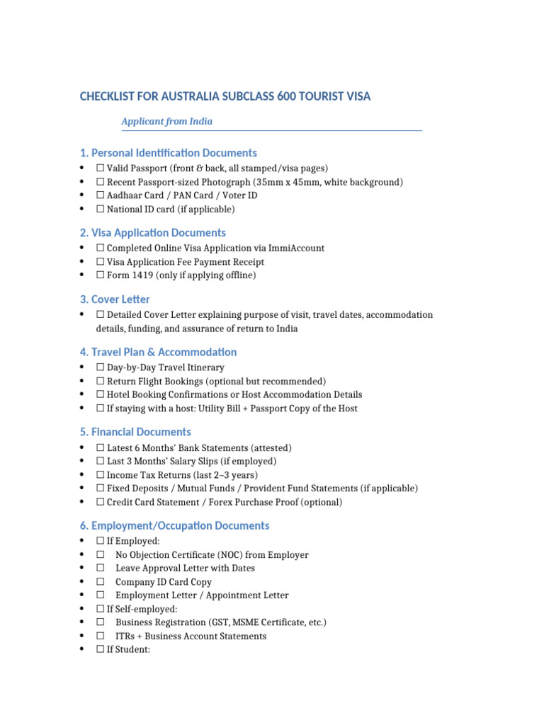 Australia Subclass 600 Tourist Visa Checklist India | PDF | Identity Document | Travel Visa