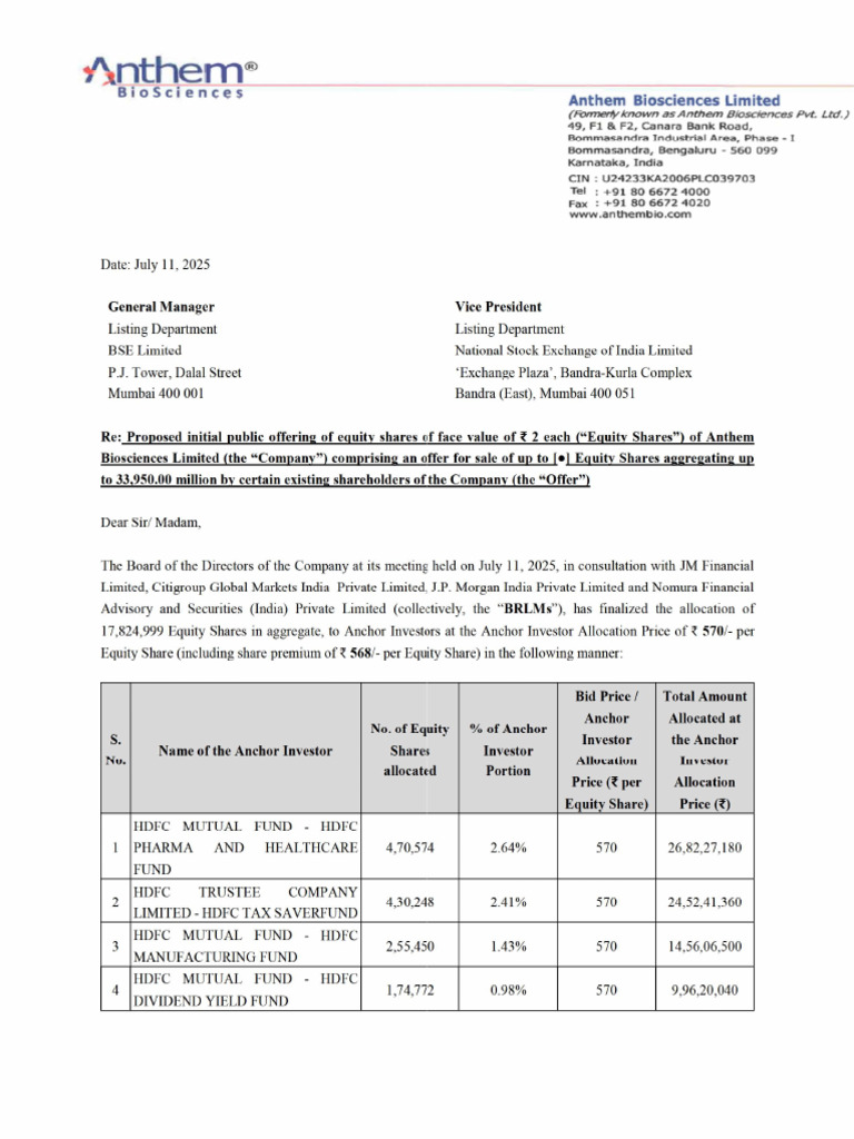 Anchor Allocation - SE Intimation Letter - Executed | PDF