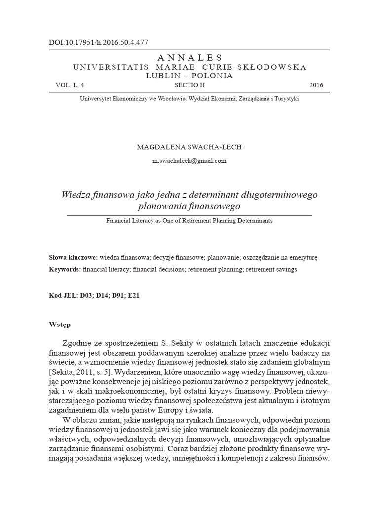 Wiedza Finansowa Jako Jedna Z Determinant Długoterminowego Magdalena ...