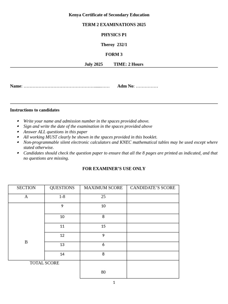 PHYSICS Form 3 PP1 Teacher - Co .Ke End Term 2 | PDF | Heat | Liquids