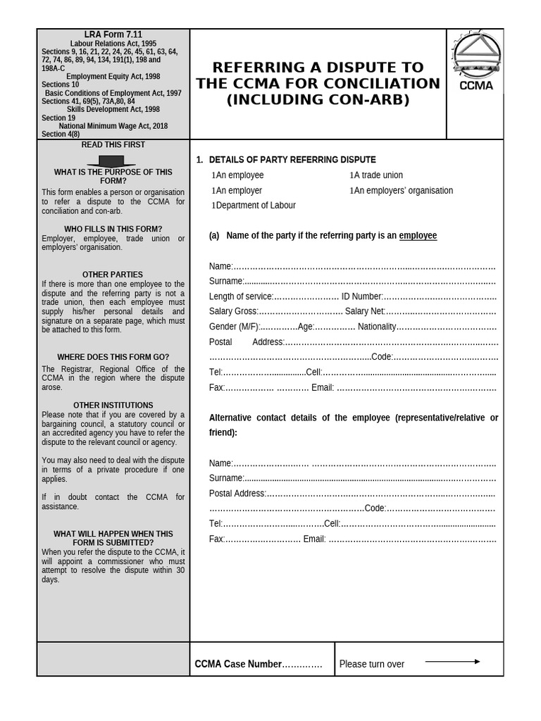 CCMA Form 7.11: Dispute Referral Guide | PDF | Labour Law | Employment