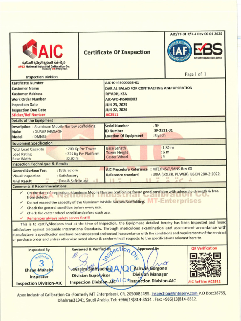 Scaffolding Inspection Certificate | PDF