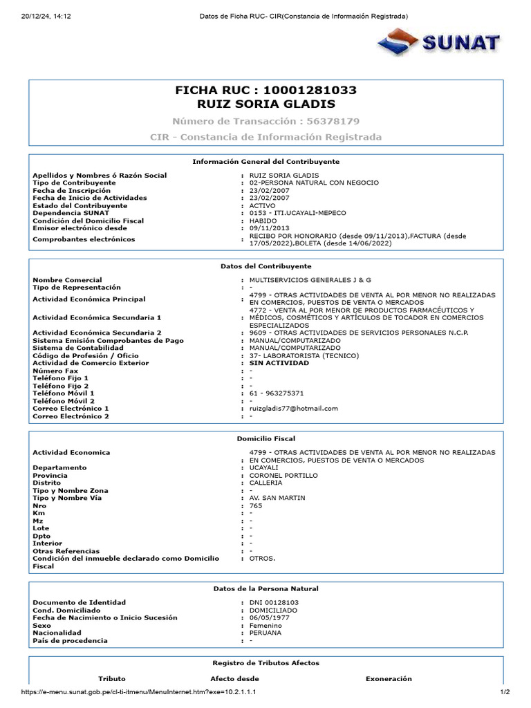 Ficha RUC de Gladis Ruiz Soria | PDF | Economias