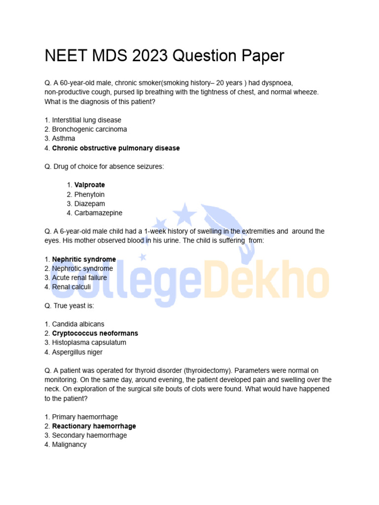 Neet Mds 2023 Question Paper | PDF | Respiratory Diseases | Clinical ...