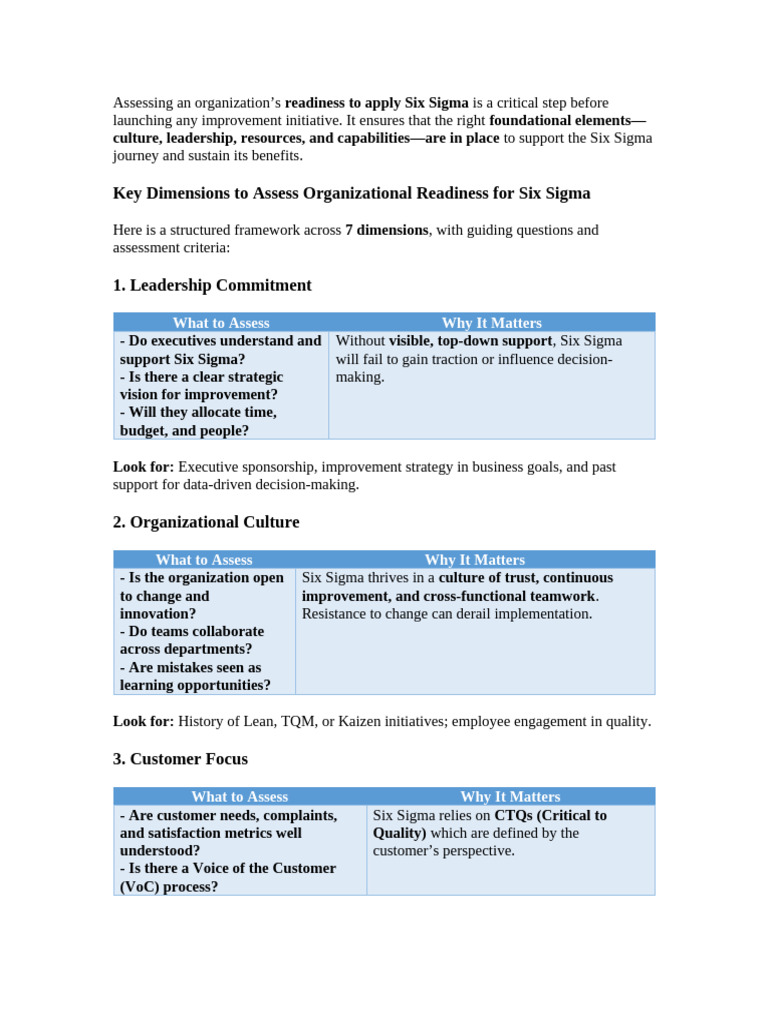 Key Dimensions To Assess Organizational Readiness For Six Sigma | PDF ...
