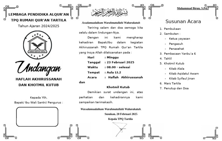 Undangan Haflah Akhirussanah TPQ Tartila | PDF