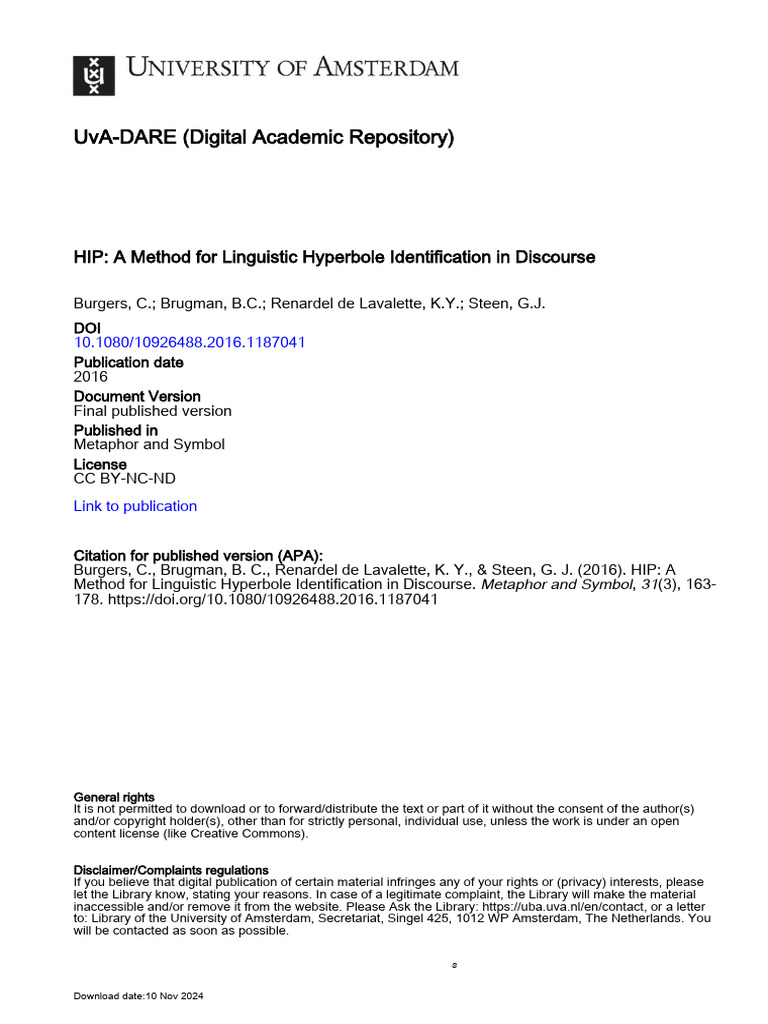 HIP A Method For Linguistic Hyperbole Identification in Discourse | PDF | Irony | Word