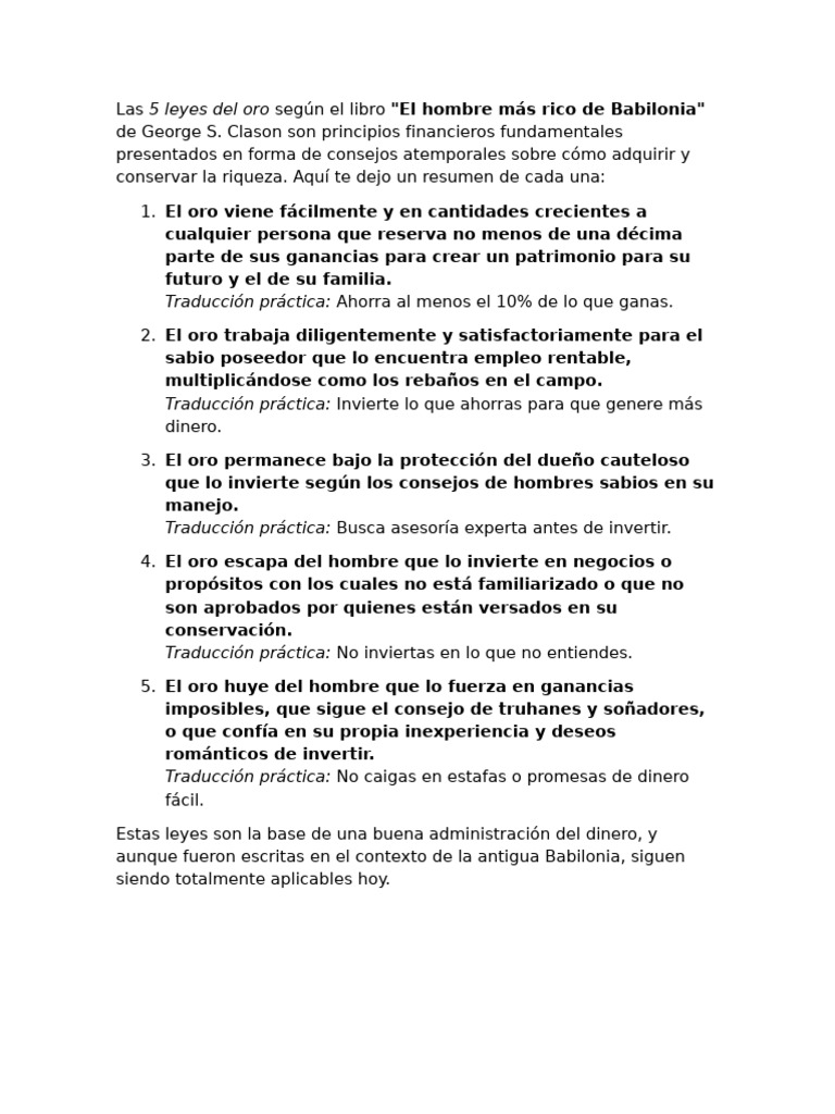 Las 5 Leyes Del Oro Según El Libro El Hombre Mas Rico de Babilonia | PDF