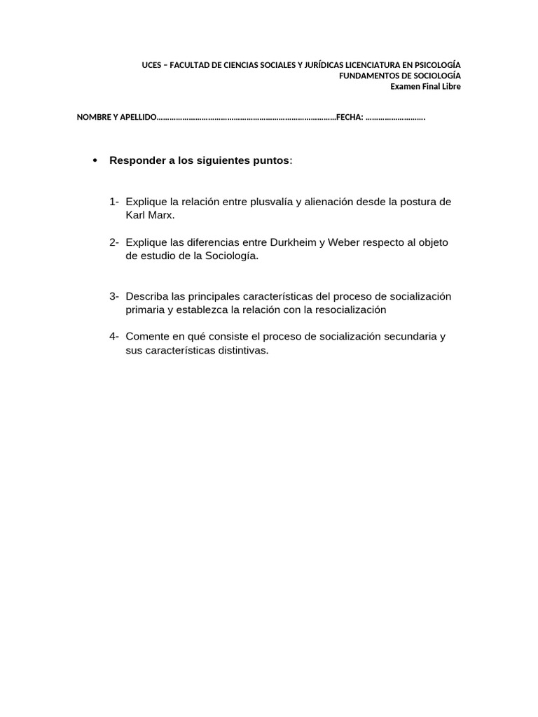 Examen Final de Fundamentos de Sociología | PDF