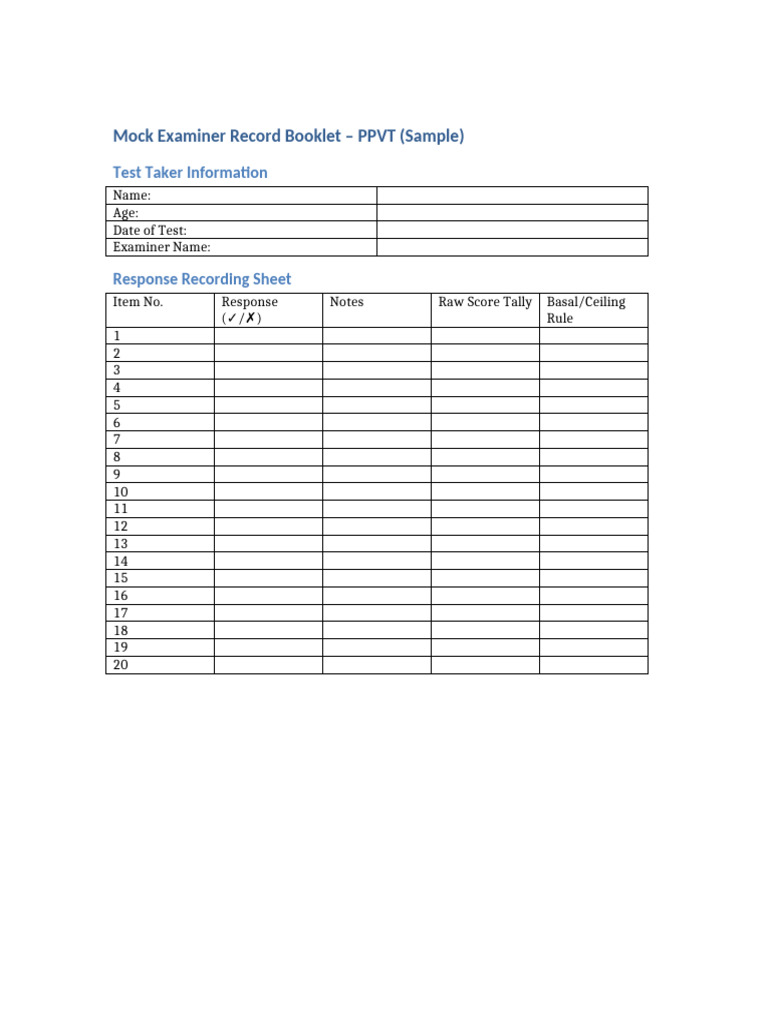 Mock PPVT Examiner Record Booklet | PDF