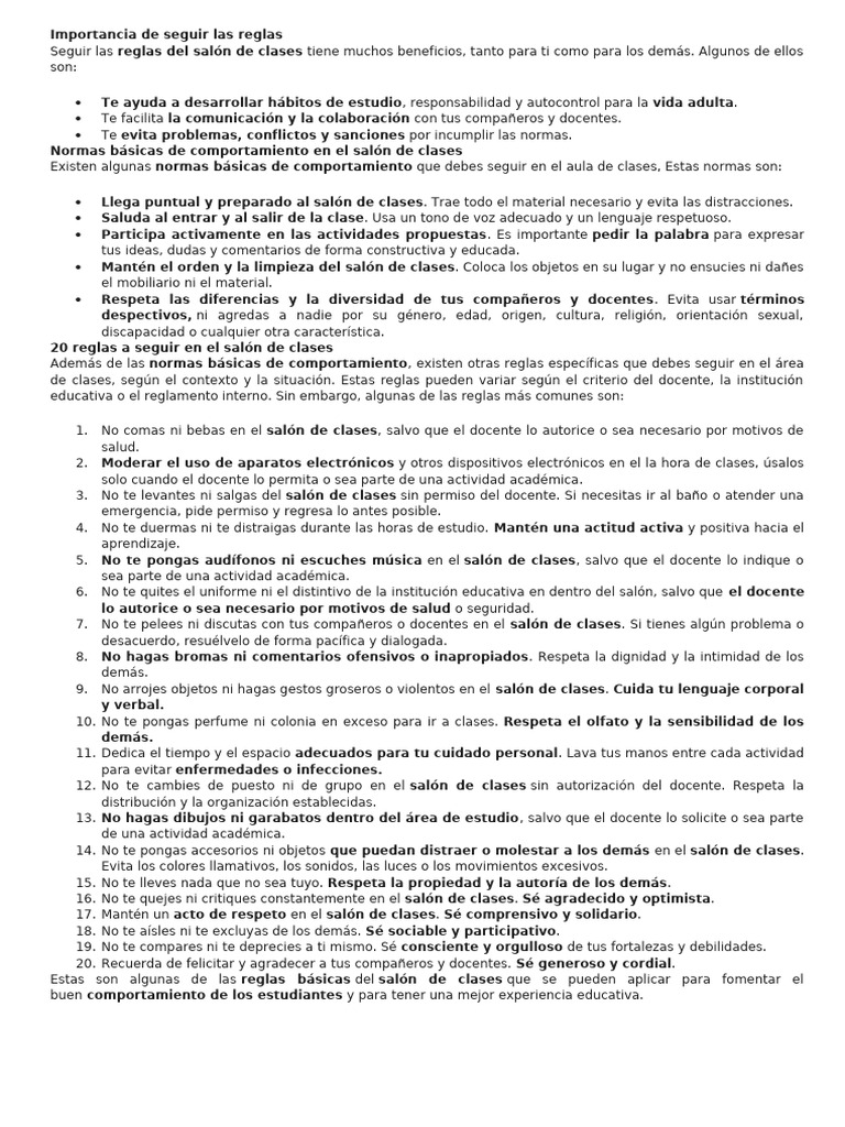 Importancia de las reglas en el aula | PDF | Enseñando | Comportamiento