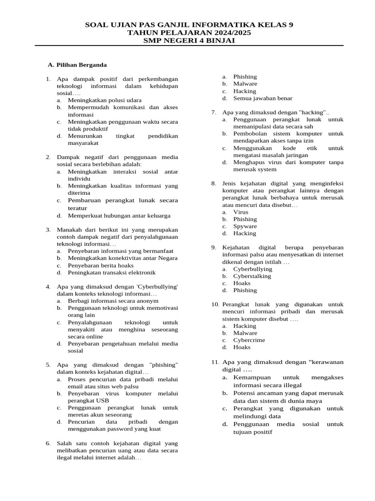 Soal Pas Ganjil Informatika Kls 9 | PDF