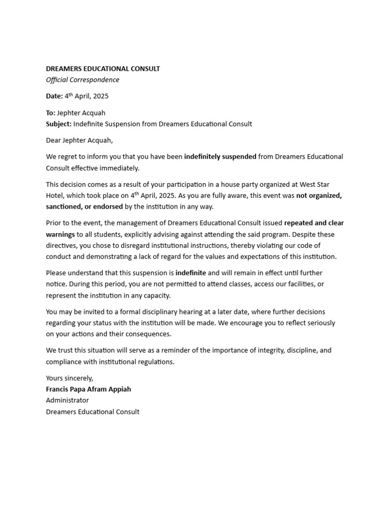 Indefinite Suspension Notification | PDF