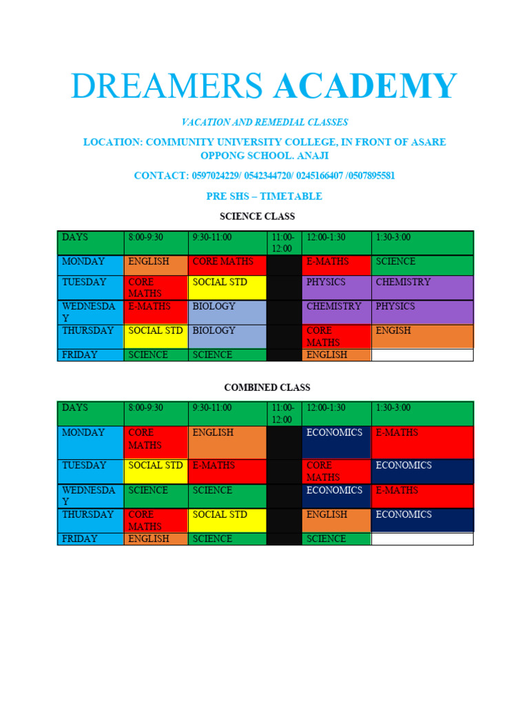 Pre Shs Timetable | PDF