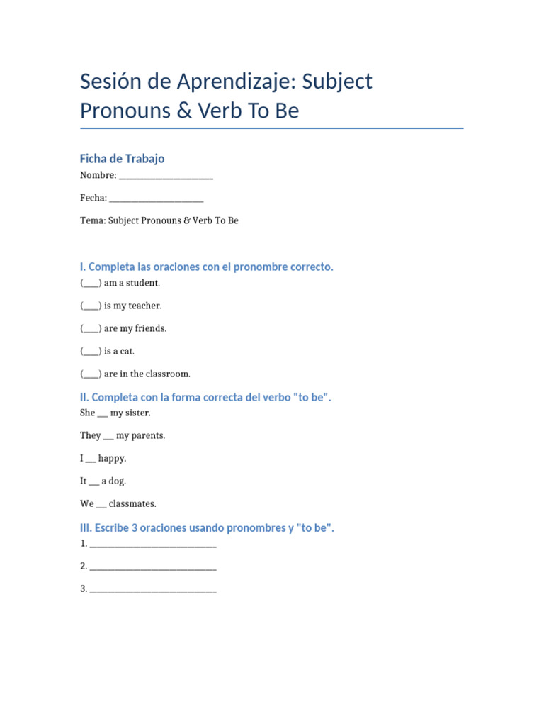 Sesion Subject Pronouns Verb To Be | PDF