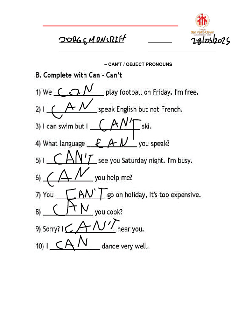 Worksheet 6° Can Can't Object Pronouns | PDF