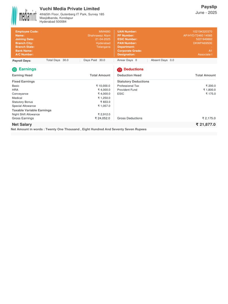 Vuchi Media Private Limited Employee Payslip Download For Shahnawaz ...