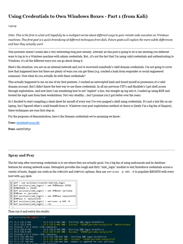 Using Credentials To Own Windows Boxes Part 1 From Kali Pdf Command Line Interface
