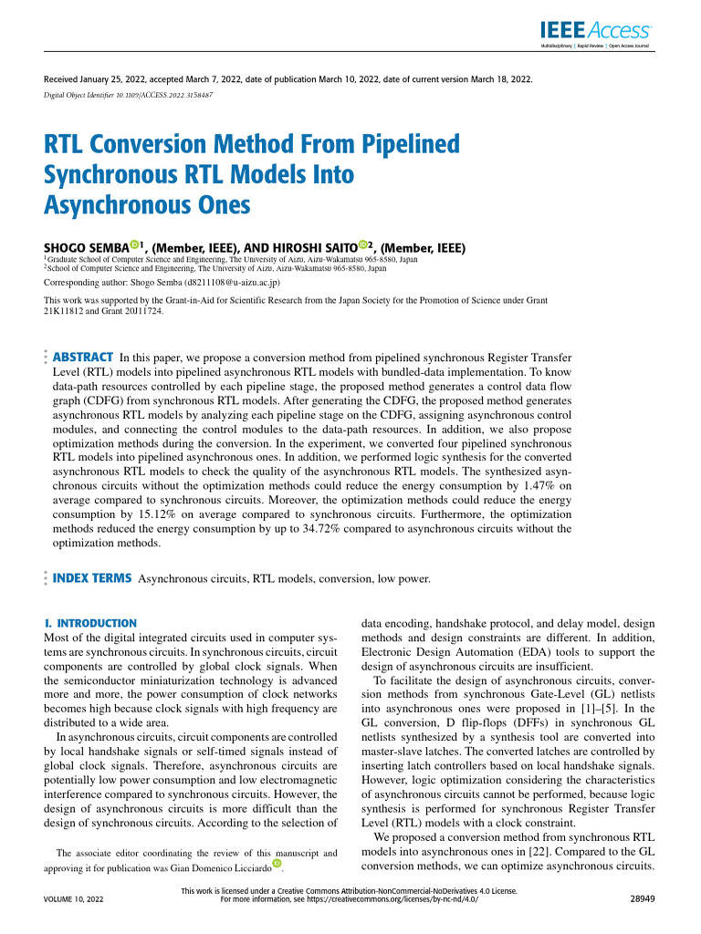 RTL Conversion Method From Pipelined Synchronous RTL Models Into Asynchronous Ones | PDF ...