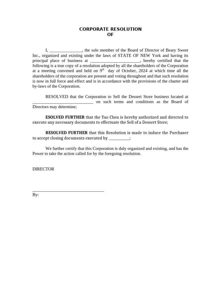 Corporate Resolution for Dessert Store Sale | PDF
