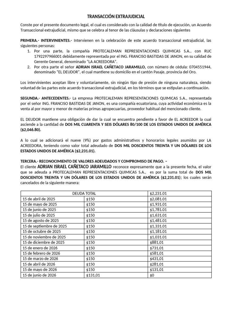 Acuerdo Transaccional Extrajudicial 2025 | PDF | Pagos